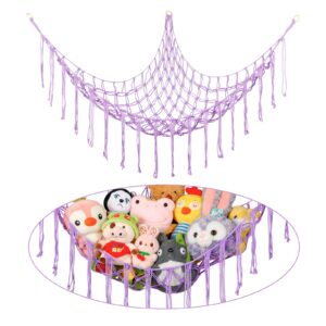 boho stuffed animals net or hammock large,55 inch toy hammock macrame stuff animal storage corner hanging net holder,mesh hammock plush toy organizer with hooks for bedroom,nursery (purple)