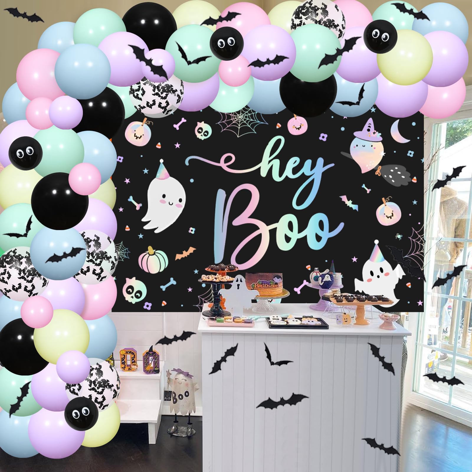 Pastel Halloween Party Decorations Halloween Balloon Garland Arch Kit with Hey Boo Backdrop Bat Wall Stickers for Halloween Baby Shower Birthday Party Supplies