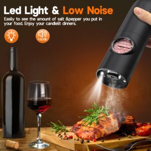 Electric Salt and Pepper Grinder Set (2 Pack), USB Rechargeable One Hand Operation, Adjustable Coarseness Mill Grinders Shakers LED Light, Automatic Pepper Grinder for Kitchen Gadgets Gifts