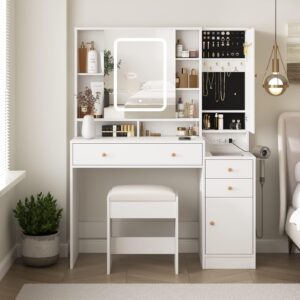 vabches white vanity desk with mirror and lights, vanity table makeup vanity with lights 3 drawers and cabinets, charging station & sliding door, lots storage shelves