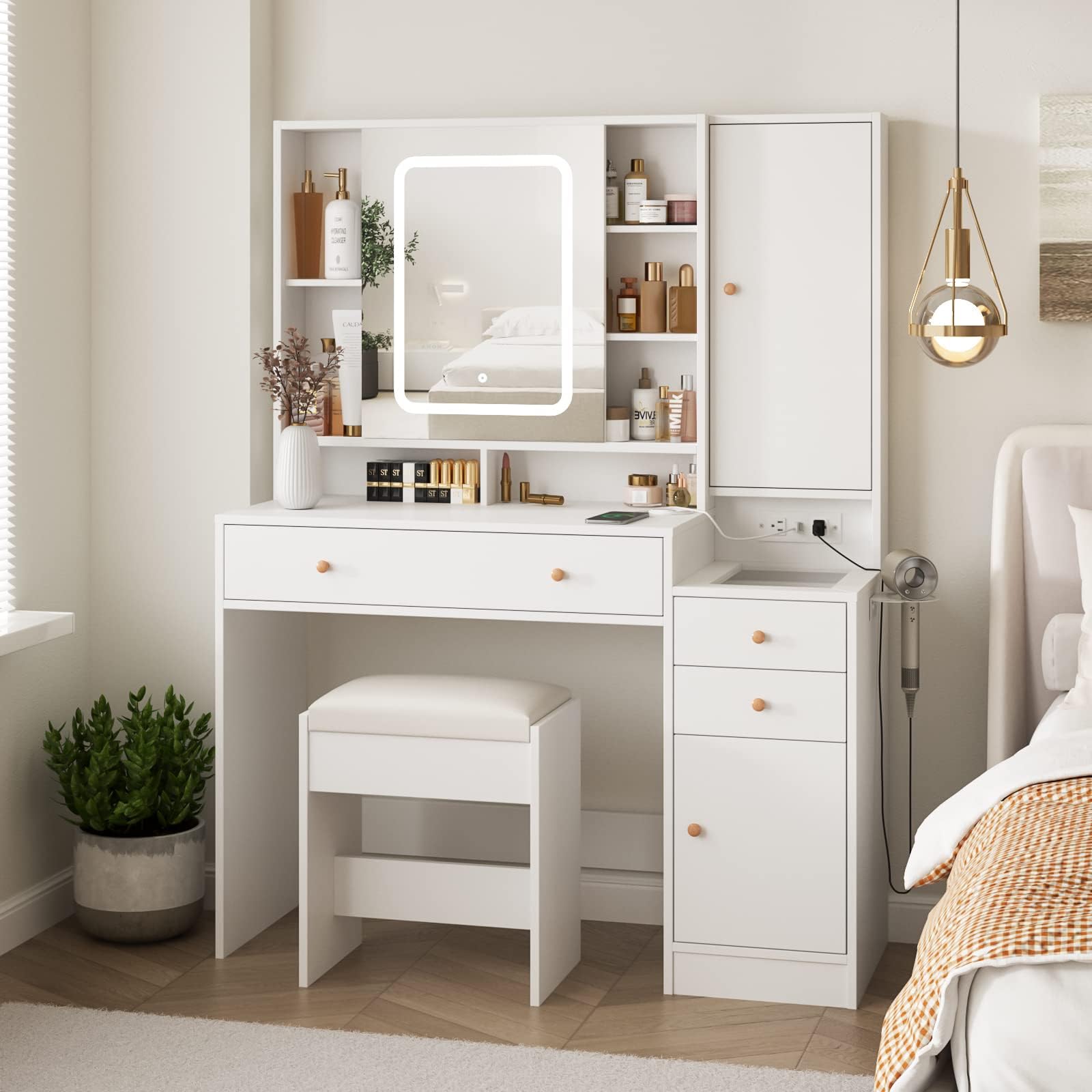 Vabches White Vanity Desk with Mirror and Lights, Vanity Table Makeup Vanity with Lights 3 Drawers and Cabinets, Charging Station & Sliding Door, Lots Storage Shelves