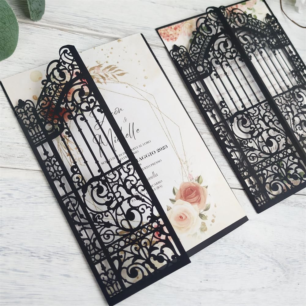 MillaSaw Black Fence Laser Cut Invitations For Weddings Engagement Mermaid Birthday Party Gate Fold Design 25 Sets (black, 4.9"x7.1")