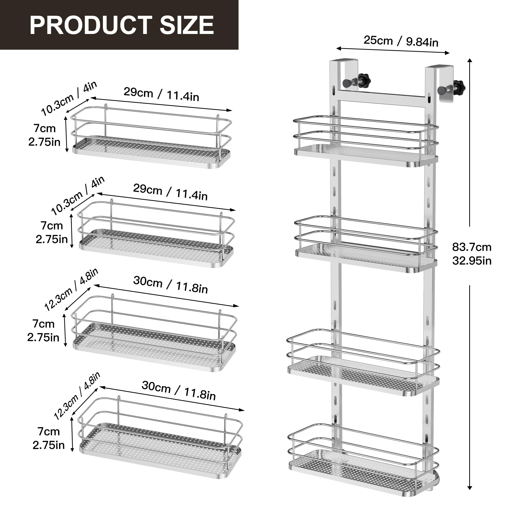 Orimade Adjustable Hanging Over the Shower Door Caddy,Bathroom Organizer Shelf Storage with 4 Hooks for Razor,No Drilling Rustproof Shower Rack Basket, 4 Tier, Silver