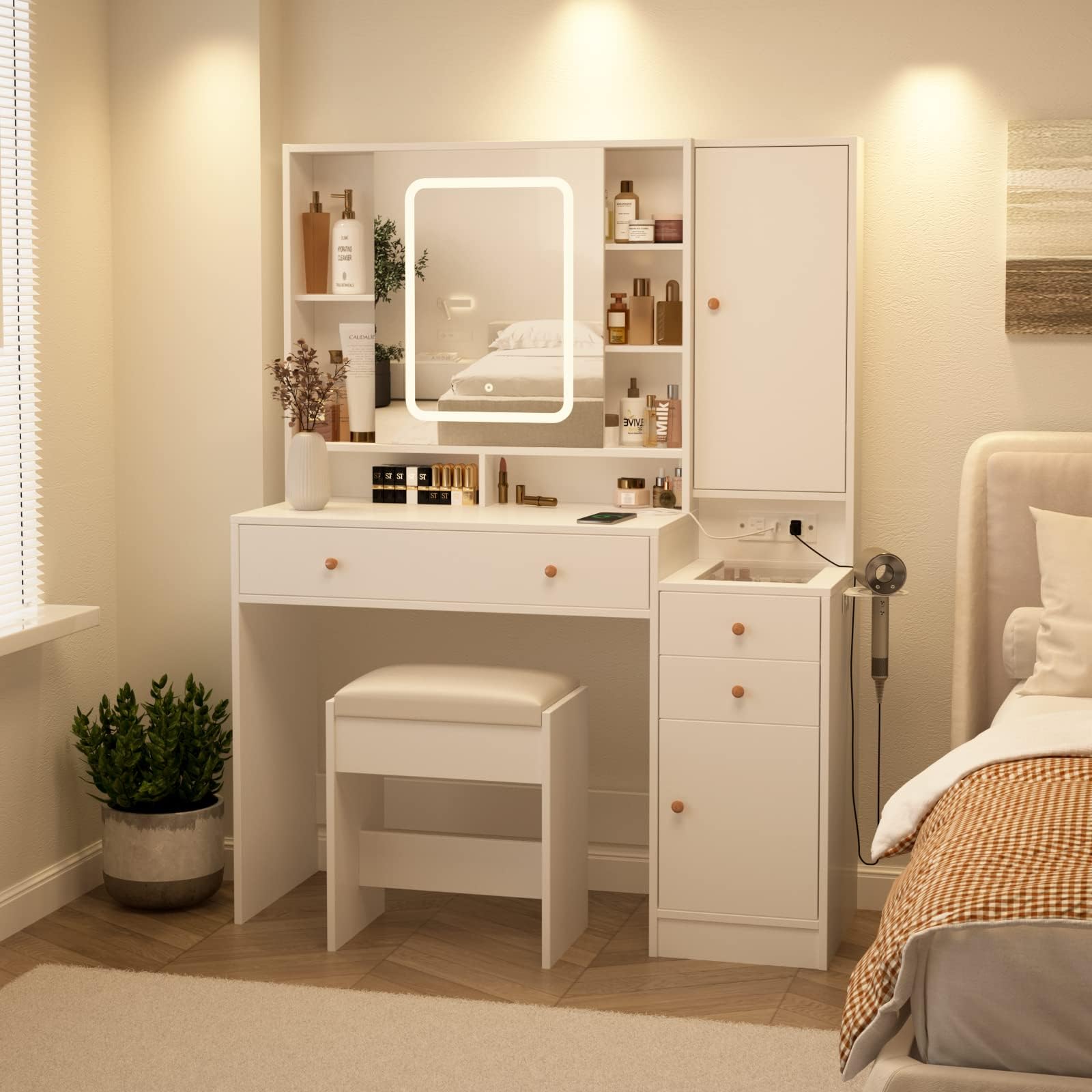 Vabches White Vanity Desk with Mirror and Lights, Vanity Table Makeup Vanity with Lights 3 Drawers and Cabinets, Charging Station & Sliding Door, Lots Storage Shelves