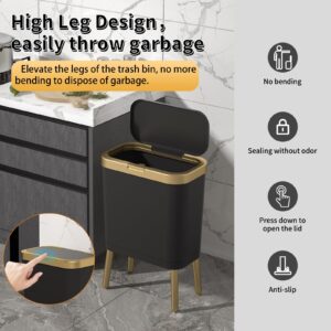 Procade Office Trash Can with Lid, Black Bathroom Trash Can with Gold Edge, Modern Narrow Garbage Can with Legs, Slim Plastic Trash Bin for Bedroom, Living Room,Kitchen,Toilet, 4 Gallon