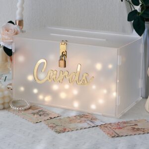 ourwarm frosted acrylic wedding card box with lock, large gift card box for wedding reception with slot and string light, envelope money card box for party graduation baby shower birthday decorations