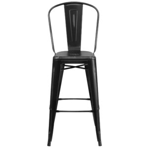 EMMA + OLIVER 4 Pack 30" High Distressed Black Metal Indoor-Outdoor Barstool with Back