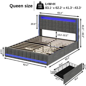 Dnxao Upholstered Queen Size Bed Frame with 4Storage Drawer,RGB LED Light,Charging Station,Adjustable Headboard,Slats Support,No Box Spring Needed,Dark Gray