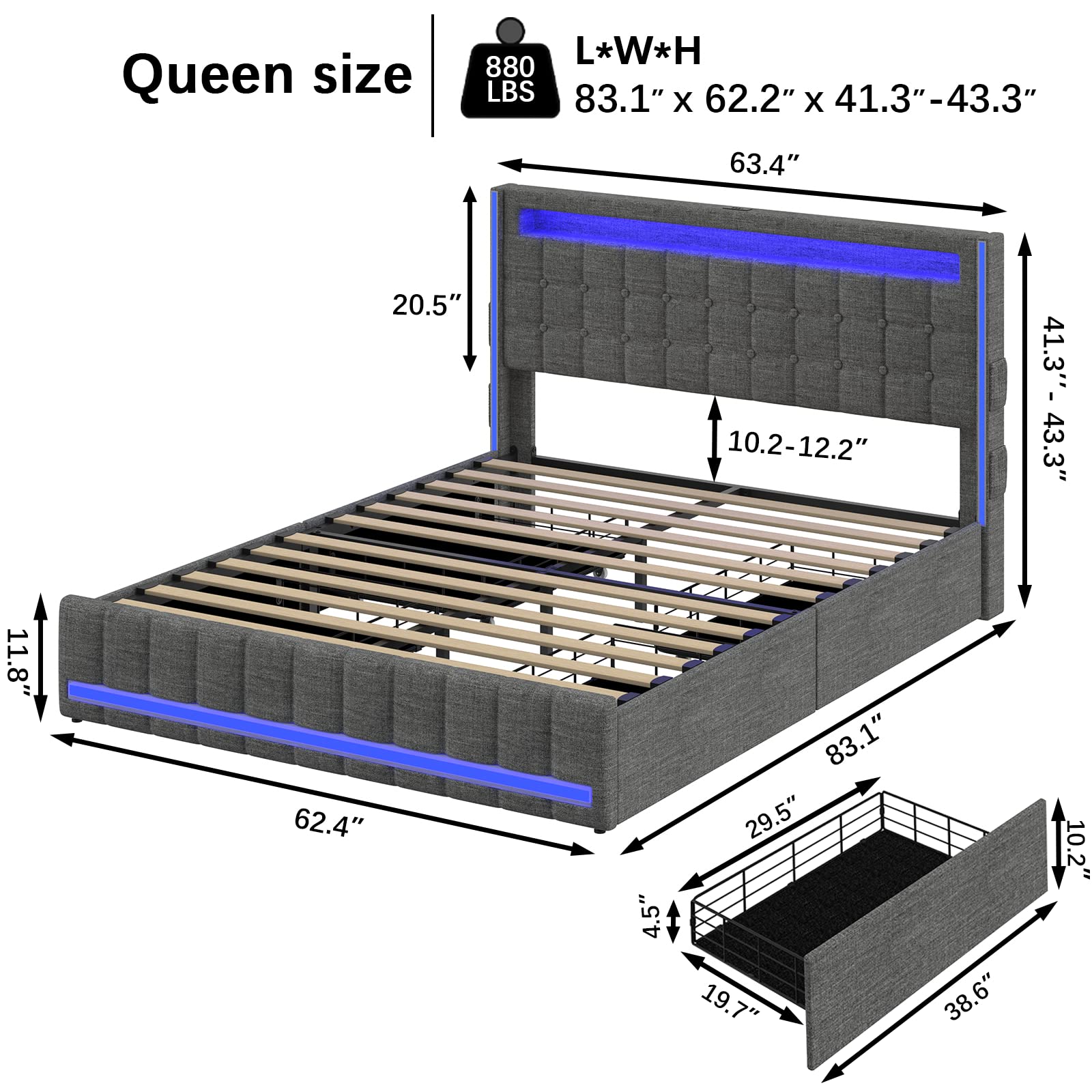 Dnxao Upholstered Queen Size Bed Frame with 4Storage Drawer,RGB LED Light,Charging Station,Adjustable Headboard,Slats Support,No Box Spring Needed,Dark Gray