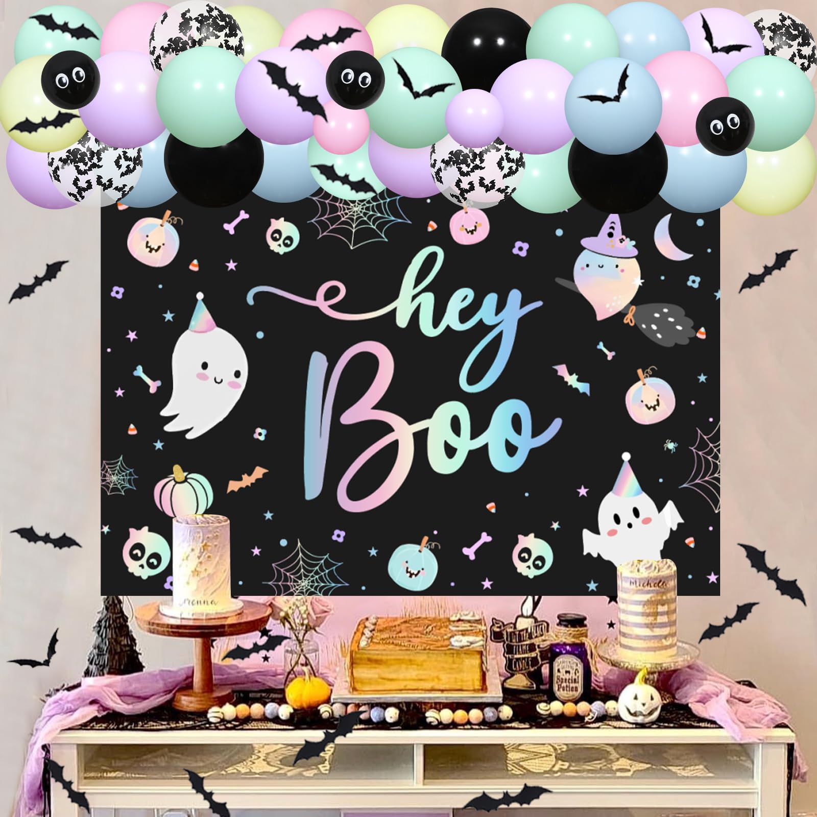 Pastel Halloween Party Decorations Halloween Balloon Garland Arch Kit with Hey Boo Backdrop Bat Wall Stickers for Halloween Baby Shower Birthday Party Supplies