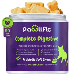 pawlific probiotics and digestive enzymes for dogs - gut flora, digestive health, diarrhea & bowel support - functional dog supplement soft chews for immune system boost with pumpkin