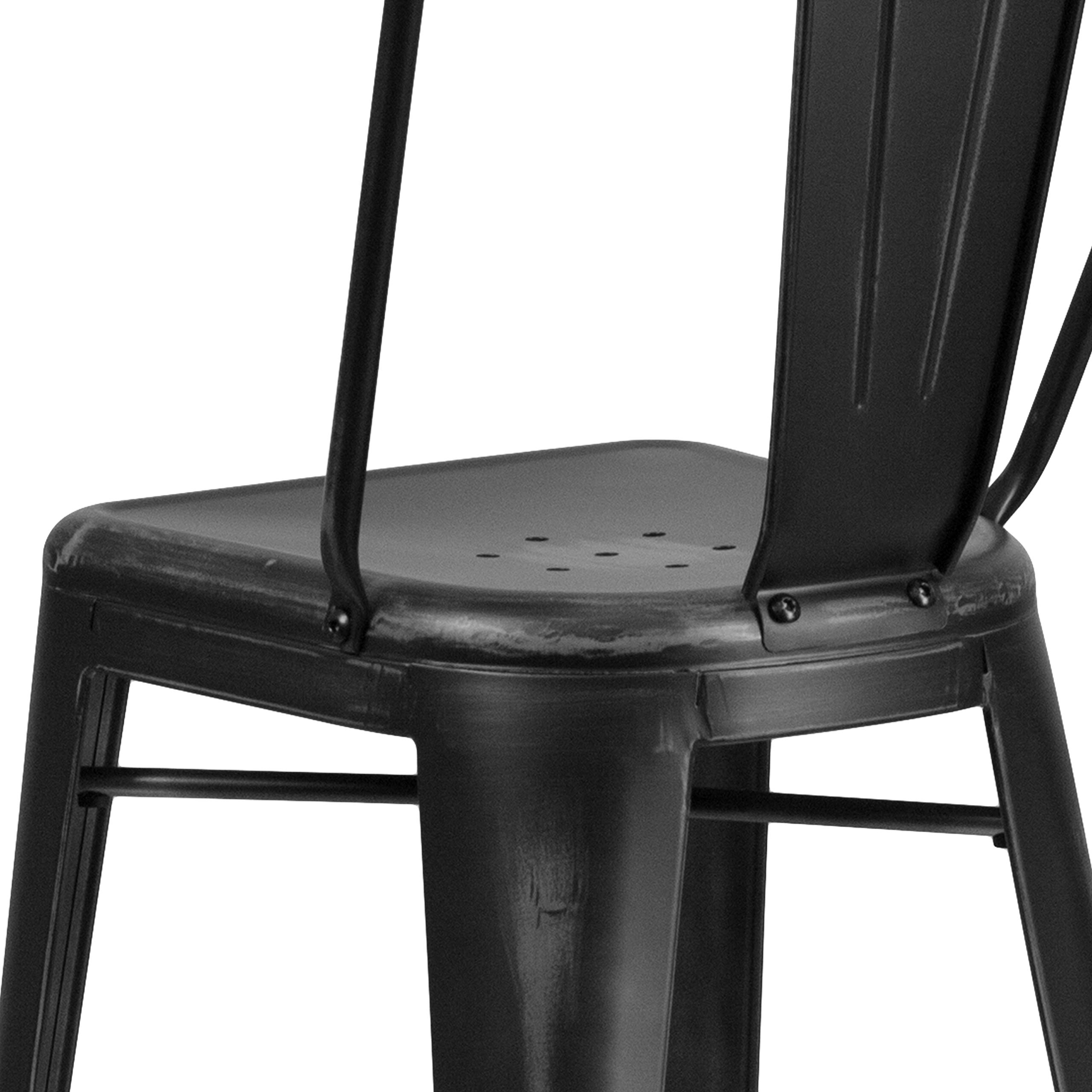 EMMA + OLIVER 4 Pack 30" High Distressed Black Metal Indoor-Outdoor Barstool with Back