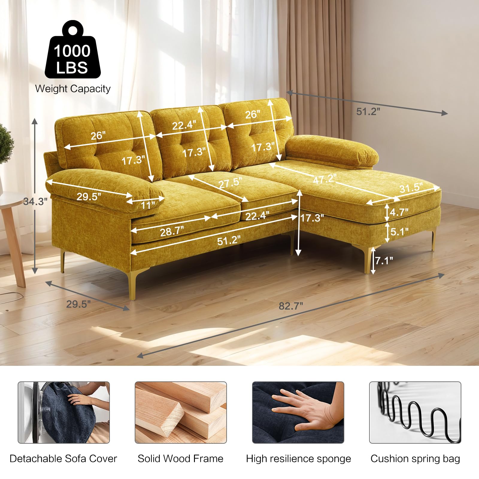 EASELAND 82" L-Shape Sofa with Reversible Chaise Lounge, Convertible Sectional Sofa Couch, Chenille Modern Sofa Couch for Living Room, Apartment and Office, Removable Cover (Yellow)