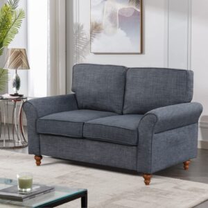 EBELLO Modern Linen Fabric Loveseat Sofa, Upholstered 2-seat Sofa Couch Wood Frame and Sturdy Legs for Living Room Bedroom Office, Dark Blue