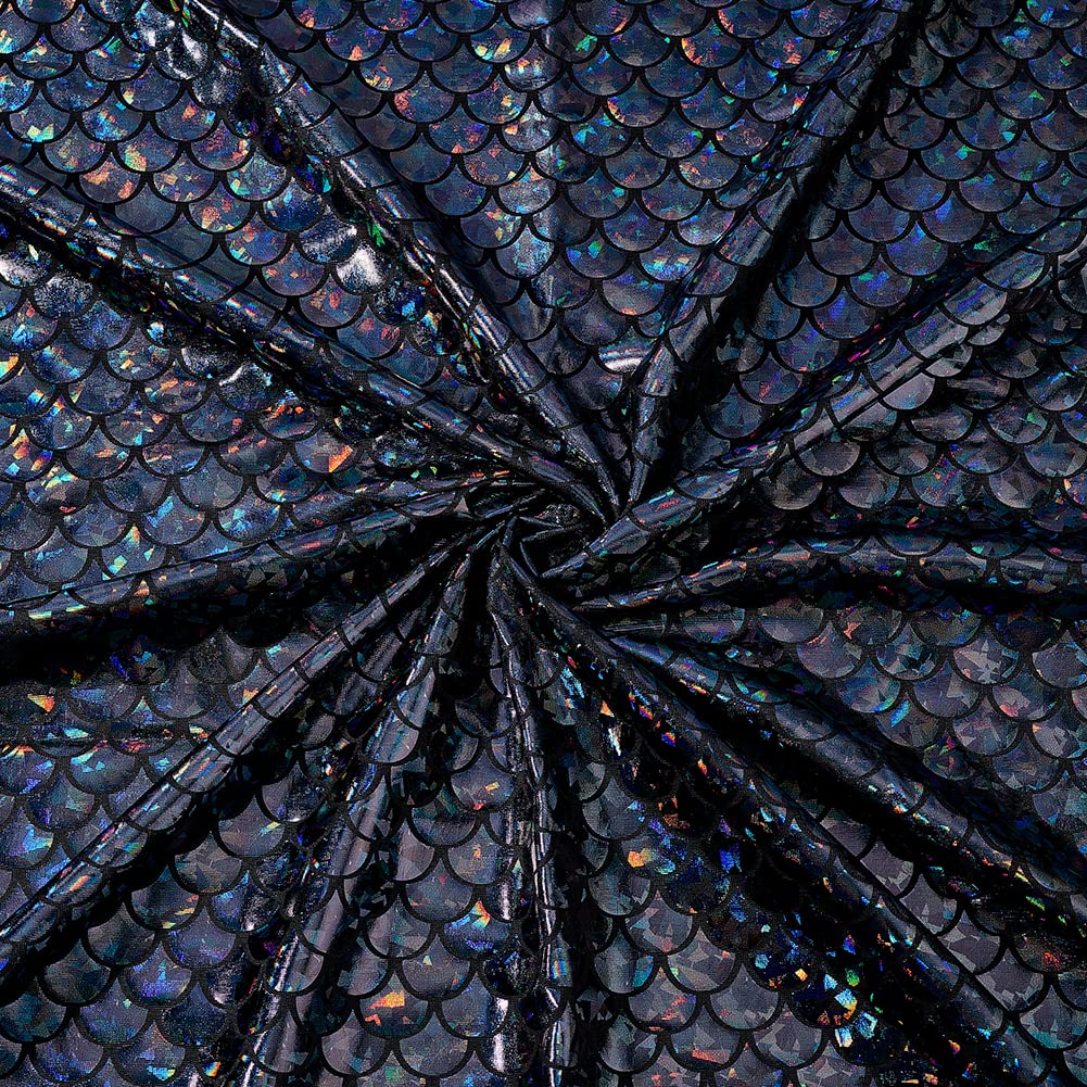 FINGERINSPIRE Mermaid Scales Fabric 39x59 inch Black Sparkly Hologram Spandex Mermaid Printed Fish Scale 2 Way Stretch Mermaid Fishscale Fabric for Clothes Sewing, DIY Craft, Party Decor