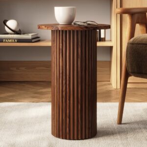 round fluted accent side table - small drink table - living room furniture - modern home and bedroom decor - pedestal side table with a solid oak base (burl walnut finish)