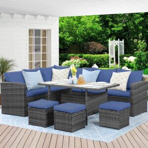 wisteria lane outdoor patio furniture set, 7 piece outdoor dining sectional sofa with dining table and chair, all weather wicker conversation set with ottoman,blue