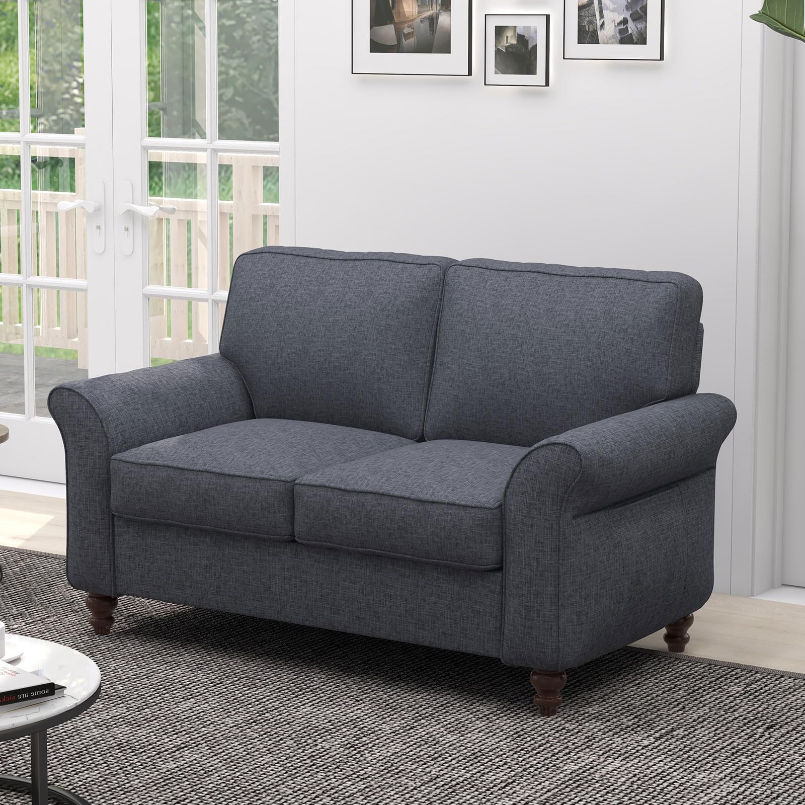 EBELLO Modern Linen Fabric Loveseat Sofa, Upholstered 2-seat Sofa Couch Wood Frame and Sturdy Legs for Living Room Bedroom Office, Dark Blue