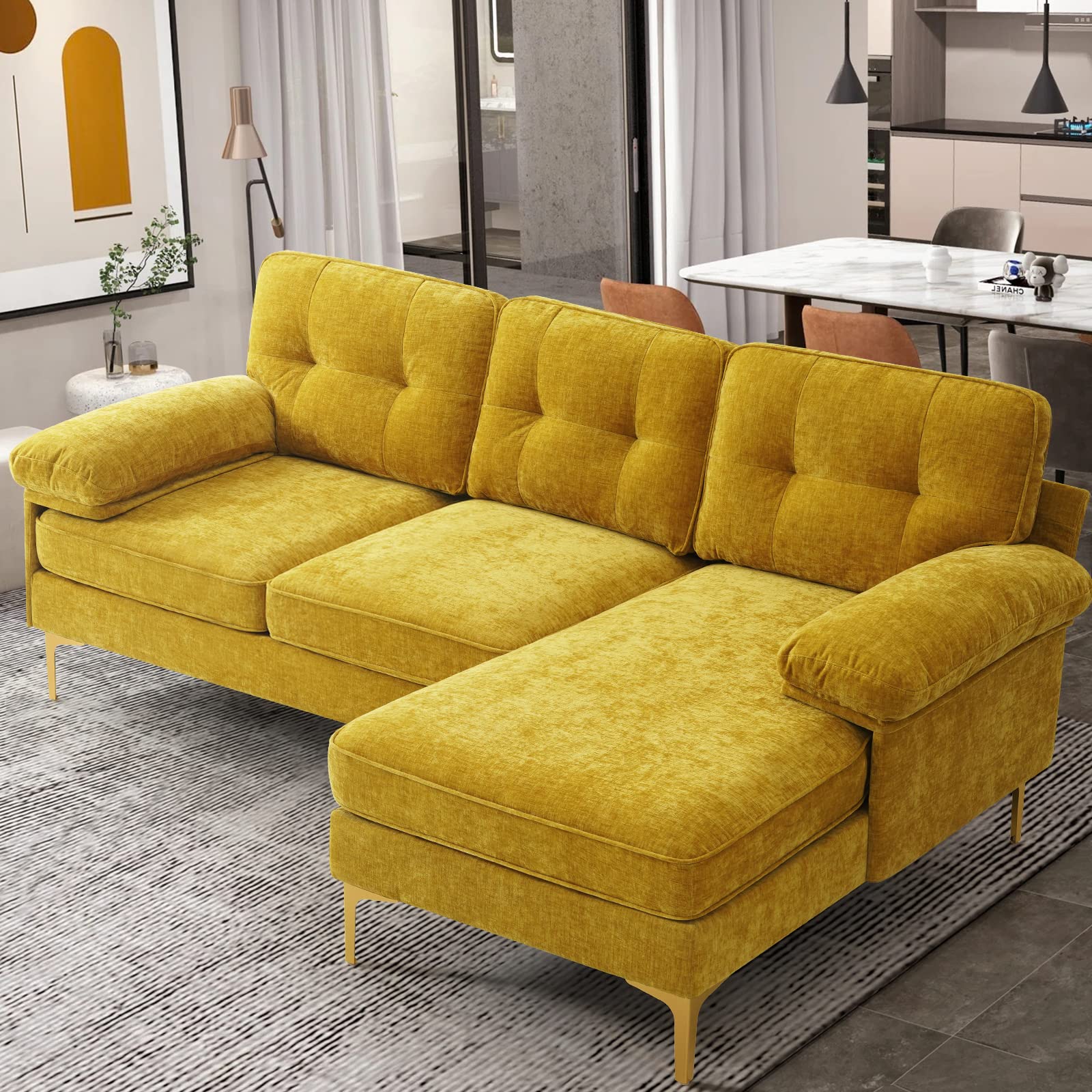 EASELAND 82" L-Shape Sofa with Reversible Chaise Lounge, Convertible Sectional Sofa Couch, Chenille Modern Sofa Couch for Living Room, Apartment and Office, Removable Cover (Yellow)