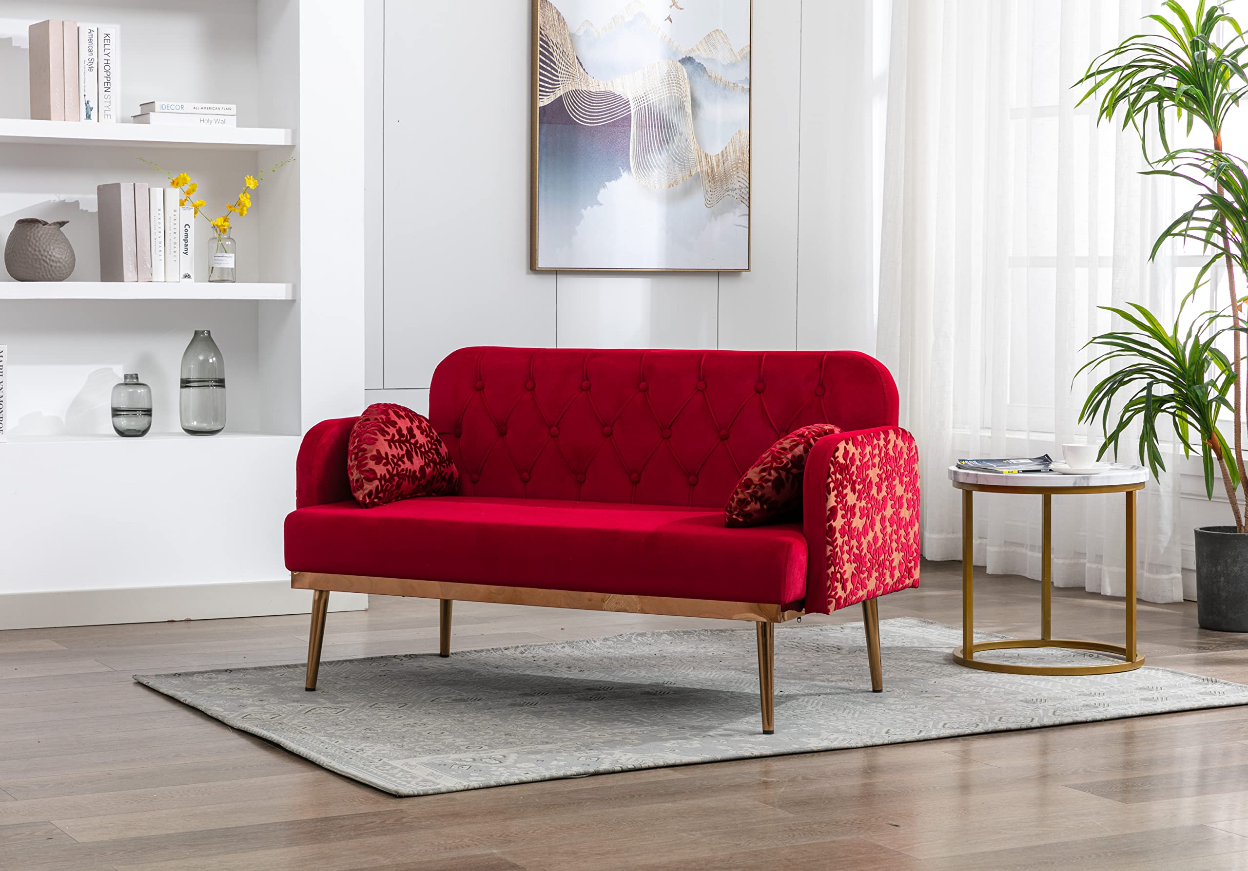 Small Velvet Couch, 55" Accent Sofa, Mid Century Modern Velvet Fabric Couch, Recliner Couch Accent Sofa Loveseat Sofa with Metal Feet, 600 Pounds Weight Capacity (Red, 55")