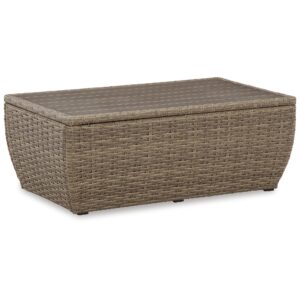 signature design by ashley sandy bloom casual outdoor resin wicker rectangular coffee table, light brown