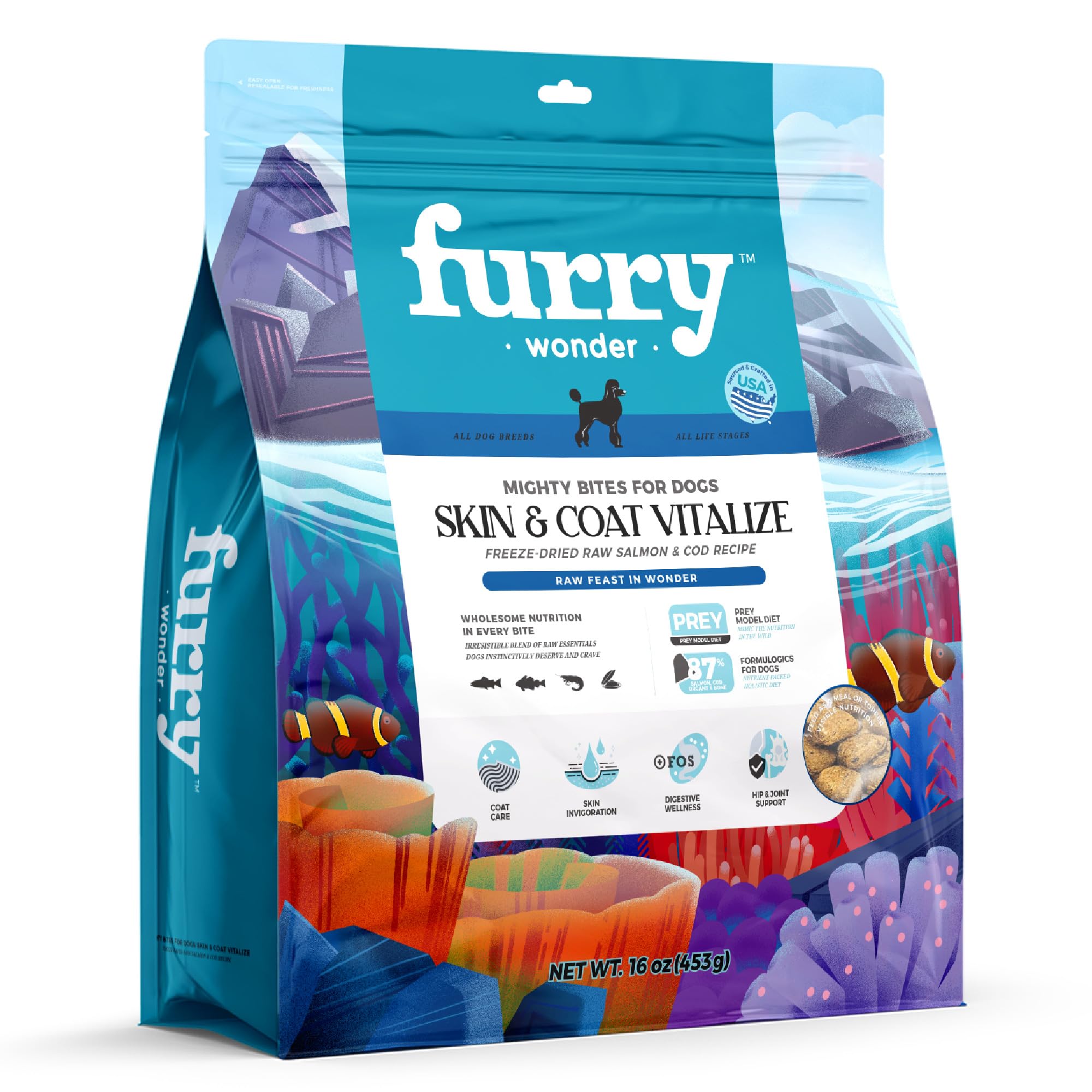 FURRY · WONDER . Freeze Dried Raw Dog Food Salmon and Cod Recipe 16 Ounce, USA Made Grain Free High Protein Dog Food for Complete Meal or Food Topper, Freeze Dried Raw Diet for Skin & Coat Vitalize