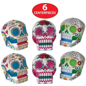 Beistle 6 Piece Three Dimensional Sugar Skull Day of The Dead Centerpieces Eye-Catching Dia De Los Muertos Party Decorations, Made in USA Since 1900, 5" x 4.5", Multicolor