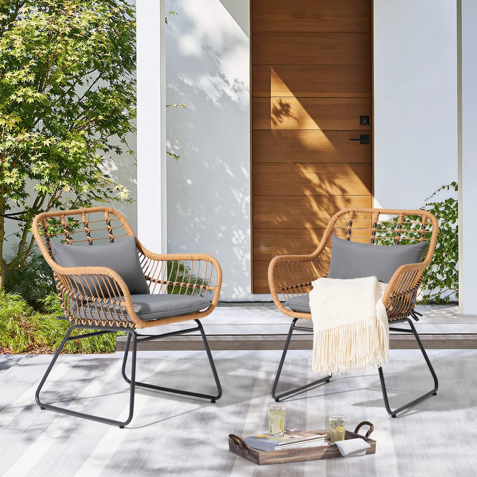 JOIVI Patio Chairs Set of 2, Outdoor Wicker Chairs with Heavy-Duty Iron Frame, All-Weather Easy-to-Clean PE Wicker, Patio Rattan Dining Chairs for Outside Lawn, Garden, Poolside, Backyard, Porch, Gray