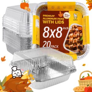 katbite heavy duty 8x8 aluminum pans with clear lids - 20-pack, premium disposable rectangular baking pans, ideal for air fryer, cooking, heating, cake storing & food preparation, prepping food