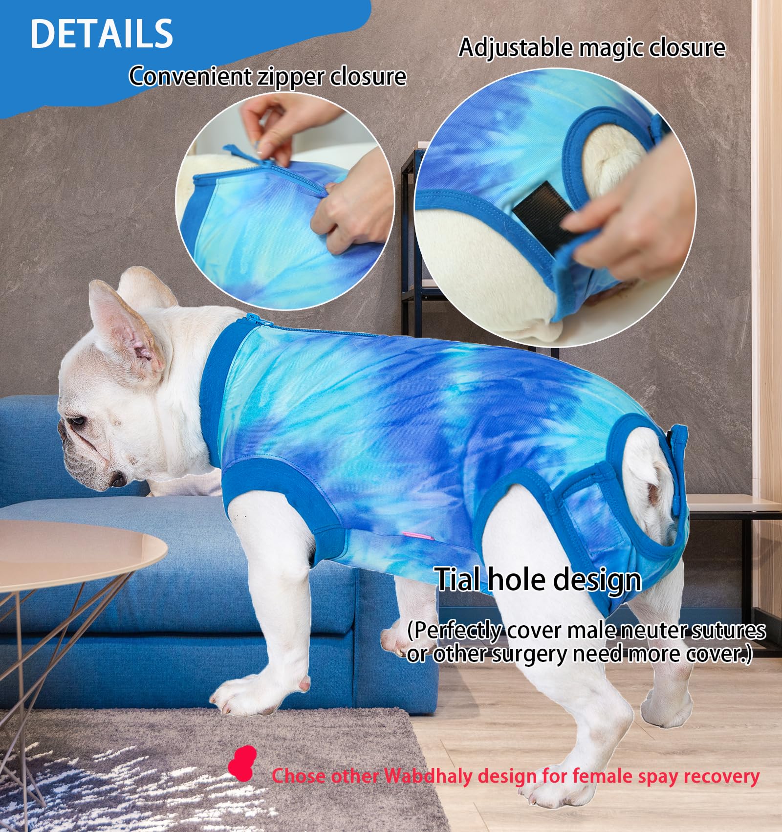 Wabdhaly Dog Zipper Recovery Suit for Male Neuter Surgery,Female Spay Recover Onesie,Dogs Abdominal Wounds Sutures Bodysuit,E-Collar & Cone Alternative Surgical Small Recovery Suit,Tie Dye Blue XS