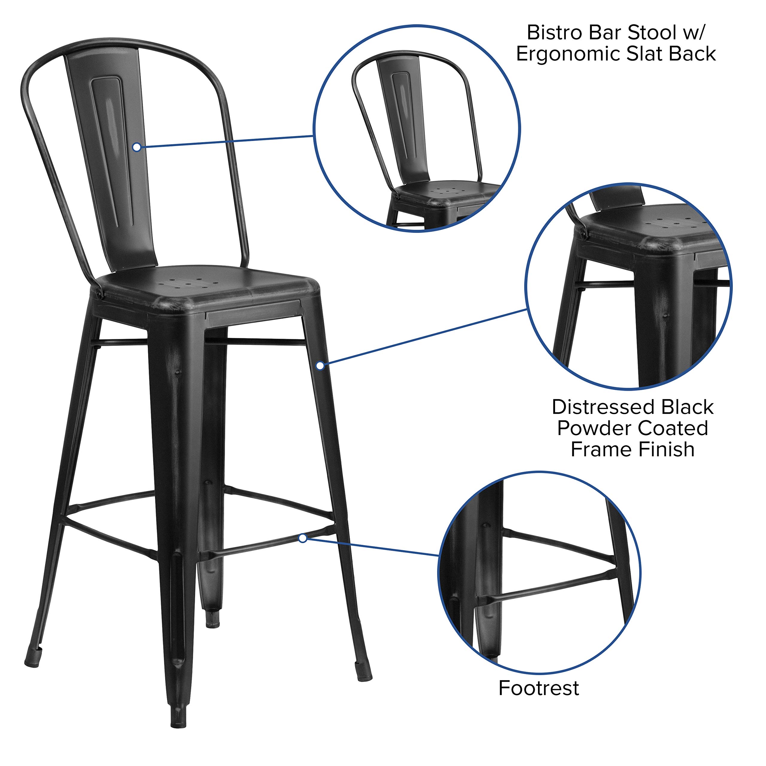 EMMA + OLIVER 4 Pack 30" High Distressed Black Metal Indoor-Outdoor Barstool with Back