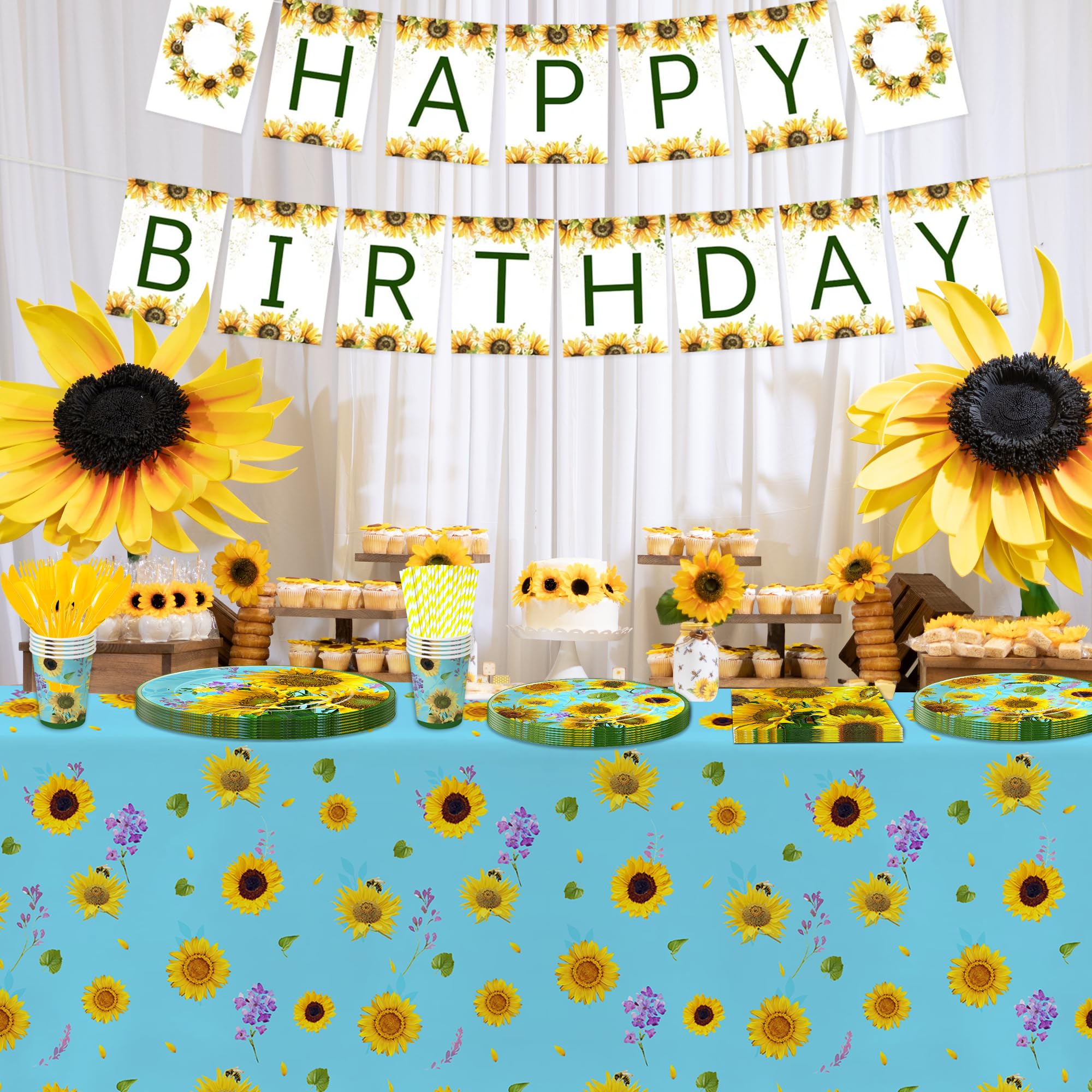 Xigejob Sunflower Party Decorations Tableware - Sunflower Birthday Decorations, Plate, Cup, Napkin, Tablecloth, Cutlery, Sunflower Theme Baby Shower Bridal Shower Birthday Party Supplies | Serve 24