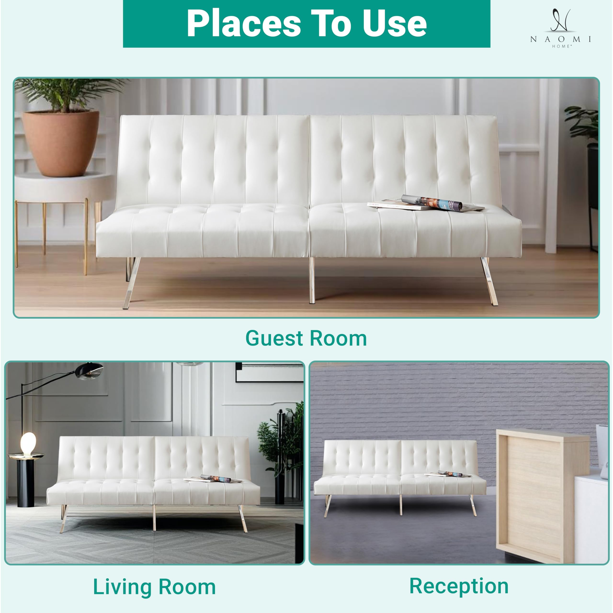 Naomi Home Tufted Split Back Futon Sofa Bed, Faux Leather Couch Bed, Futon Convertible Sofa Bed with Chrome Legs, Folding, Reclining Small Convertible Couch, Futon Couches for Living Room White