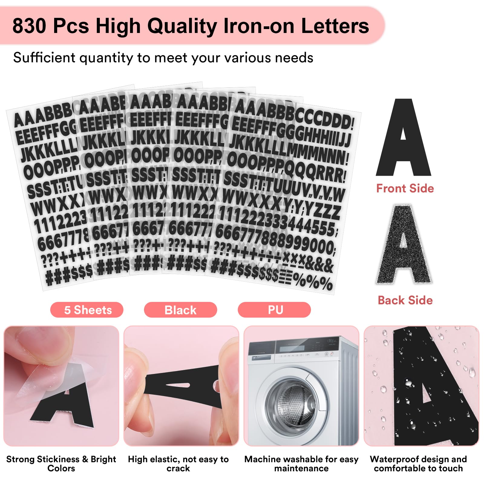 5 Sheets 830 Pieces Iron on Letters and Numbers for Clothing, 1 Inch Iron on Vinyl Letters with A-Z Heat Transfer Letters 0-9 Iron on Numbers PU Alphabet Stickers for T-Shirt Printing DIY Craft, Black