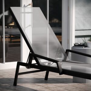 EMMA + OLIVER Braelin Adjustable Patio Chaise Lounge - Gray Textilene Seat - 5 Recline Positions - Metal Frame - All-Weather