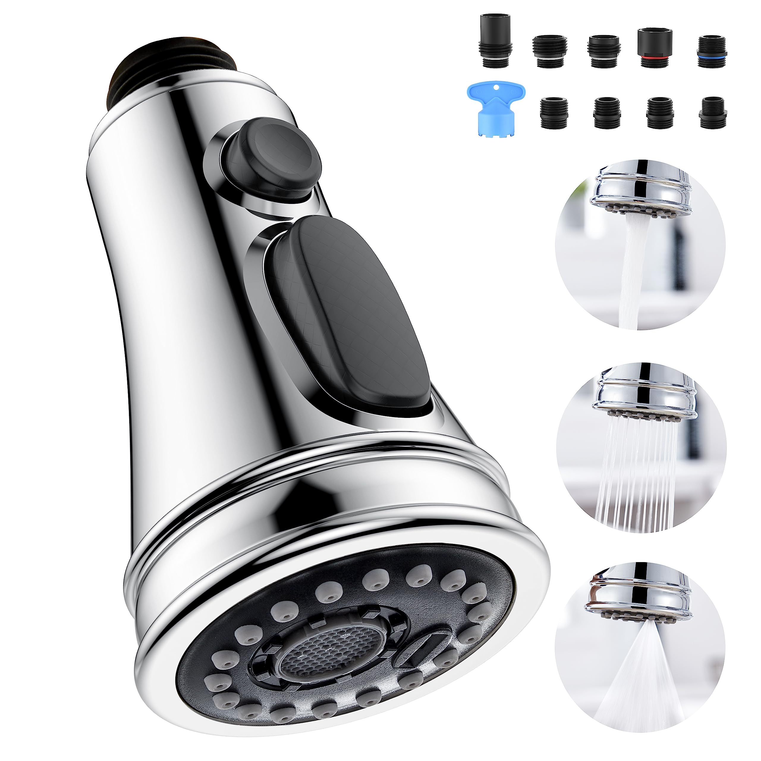 Kitchen Faucet Spray Head Replacement - Pull Down Faucet Sprayer Head with 9 Adapters, 3-Function Kitchen Sink Faucet Head, Replacement Pull Out Faucet Head Nozzle, Chrome