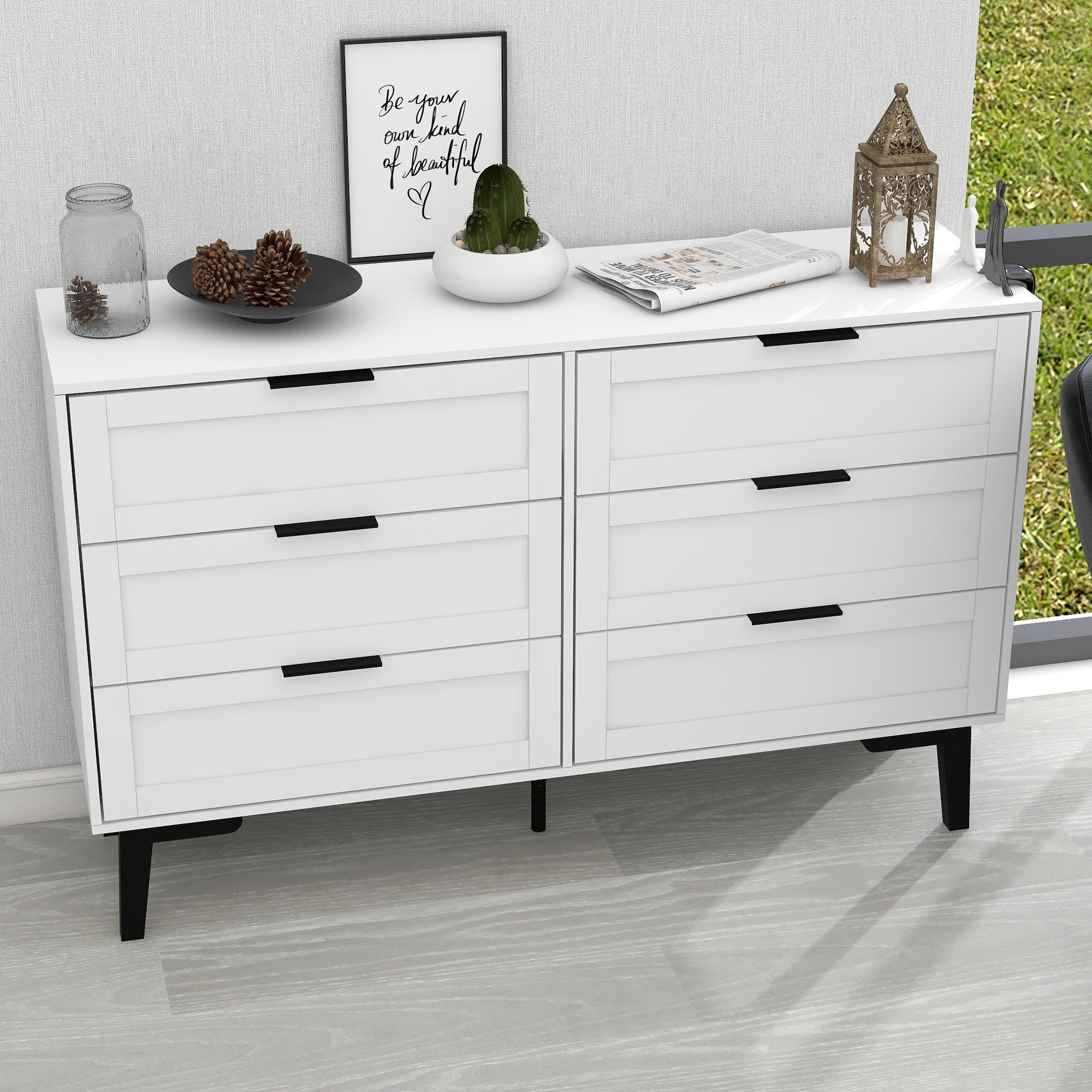 TaoHFE 6 Drawer Dresser for Bedroom Modern White Chest of Drawers for Nursery Wood Dresser for Kids Horizontal Dressers & Chests of Drawers for Bedroom Living Room (White/ 6 Drawer)