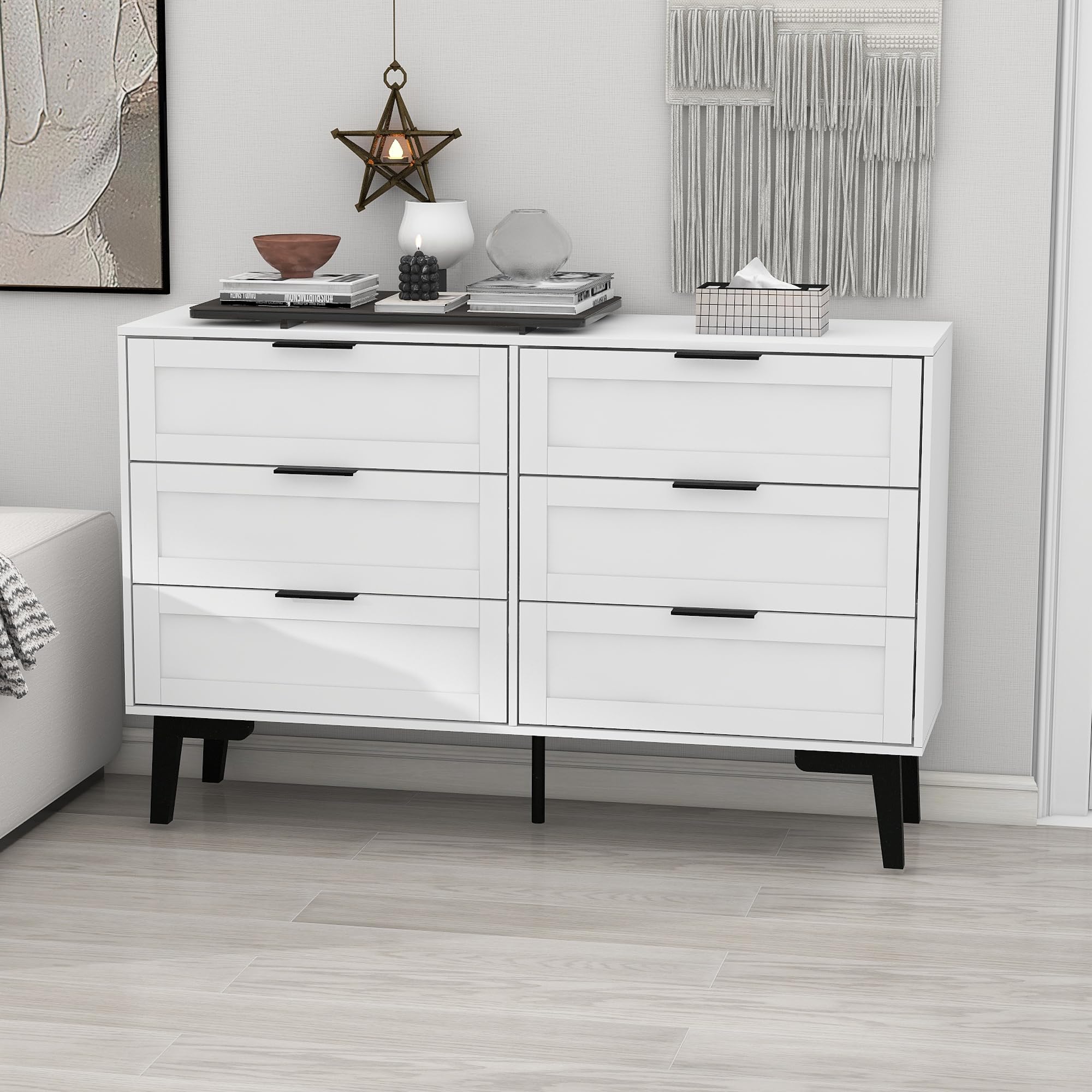 TaoHFE 6 Drawer Dresser for Bedroom Modern White Chest of Drawers for Nursery Wood Dresser for Kids Horizontal Dressers & Chests of Drawers for Bedroom Living Room (White/ 6 Drawer)