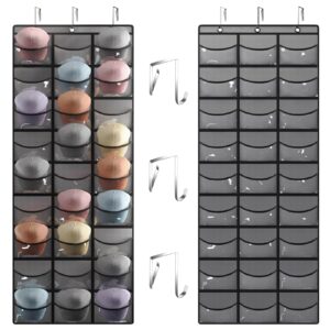 fixwal hat organizer for baseball caps, 27 pocket over the door hat storage closet holder hanger, clear deep pockets, baseball hat rack for wall door with 3 hooks, grey