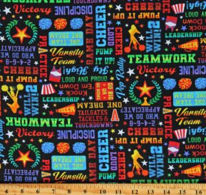 cotton cheerleader words text cheer squad cheer team sports black cotton fabric print by the yard (gail-cd2162-black)