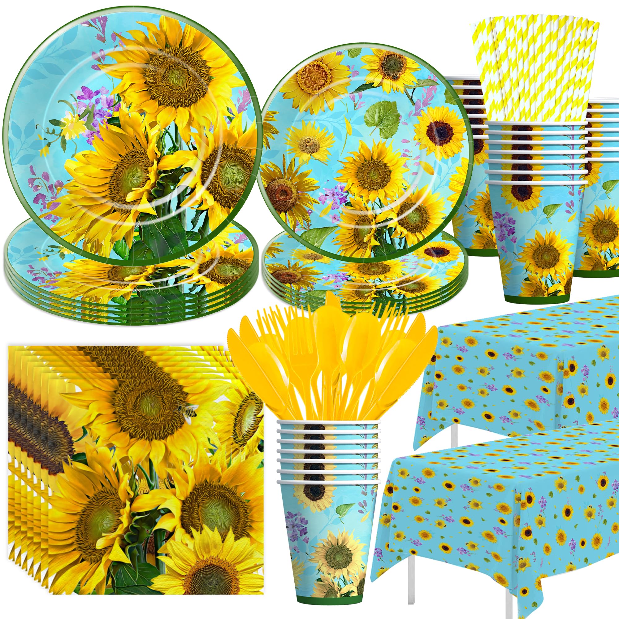 Xigejob Sunflower Party Decorations Tableware - Sunflower Birthday Decorations, Plate, Cup, Napkin, Tablecloth, Cutlery, Sunflower Theme Baby Shower Bridal Shower Birthday Party Supplies | Serve 24