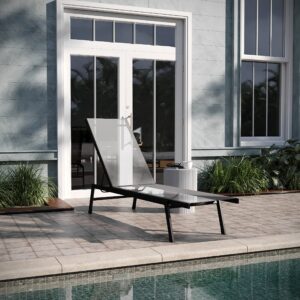 emma + oliver braelin adjustable patio chaise lounge - gray textilene seat - armless design - 5 recline positions - metal frame - all-weather