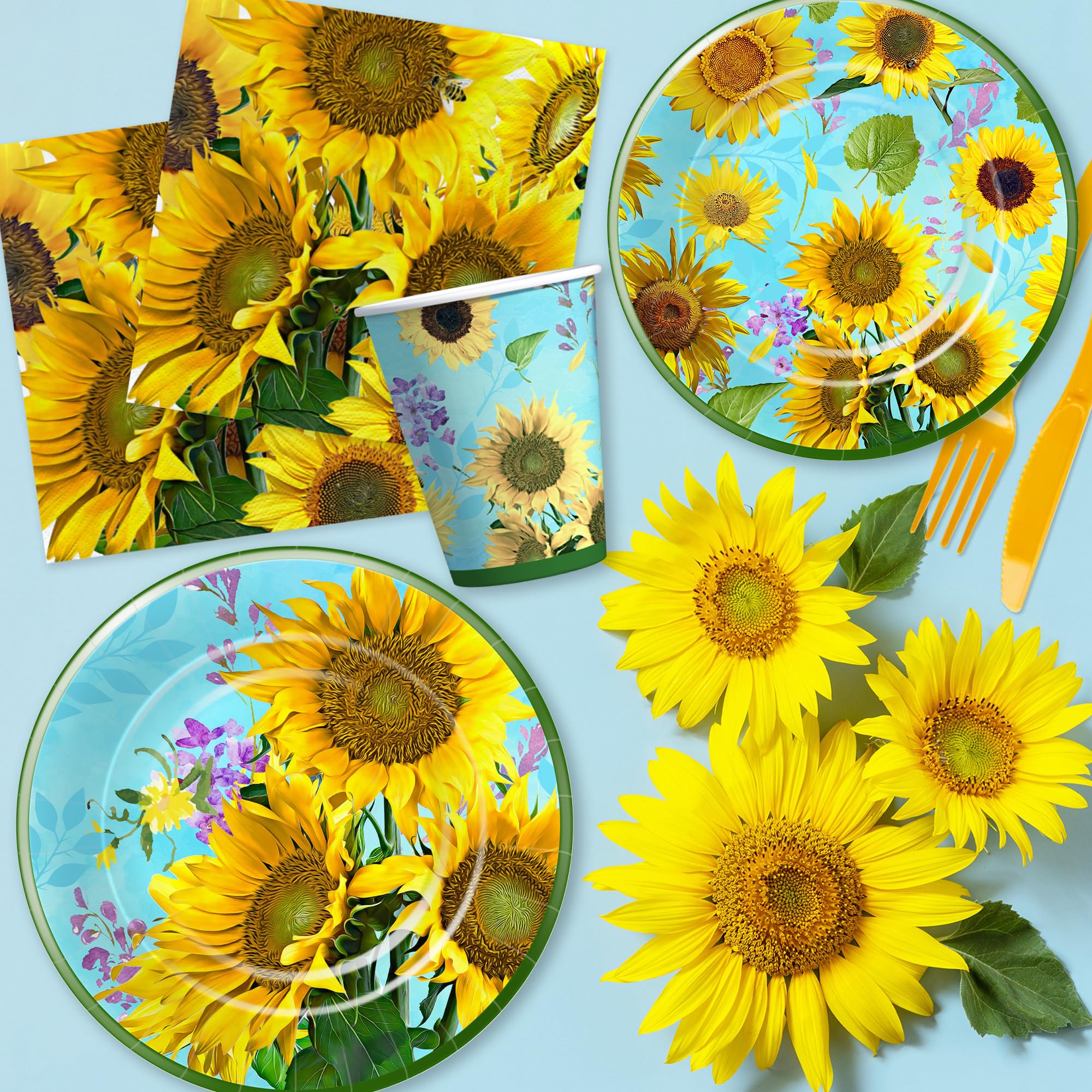 Xigejob Sunflower Party Decorations Tableware - Sunflower Birthday Decorations, Plate, Cup, Napkin, Tablecloth, Cutlery, Sunflower Theme Baby Shower Bridal Shower Birthday Party Supplies | Serve 24