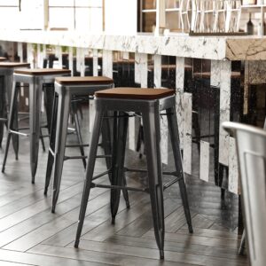 emma + oliver kam 30" high backless bar stool - black metal frame - teak polyresin seat - for indoor/outdoor use