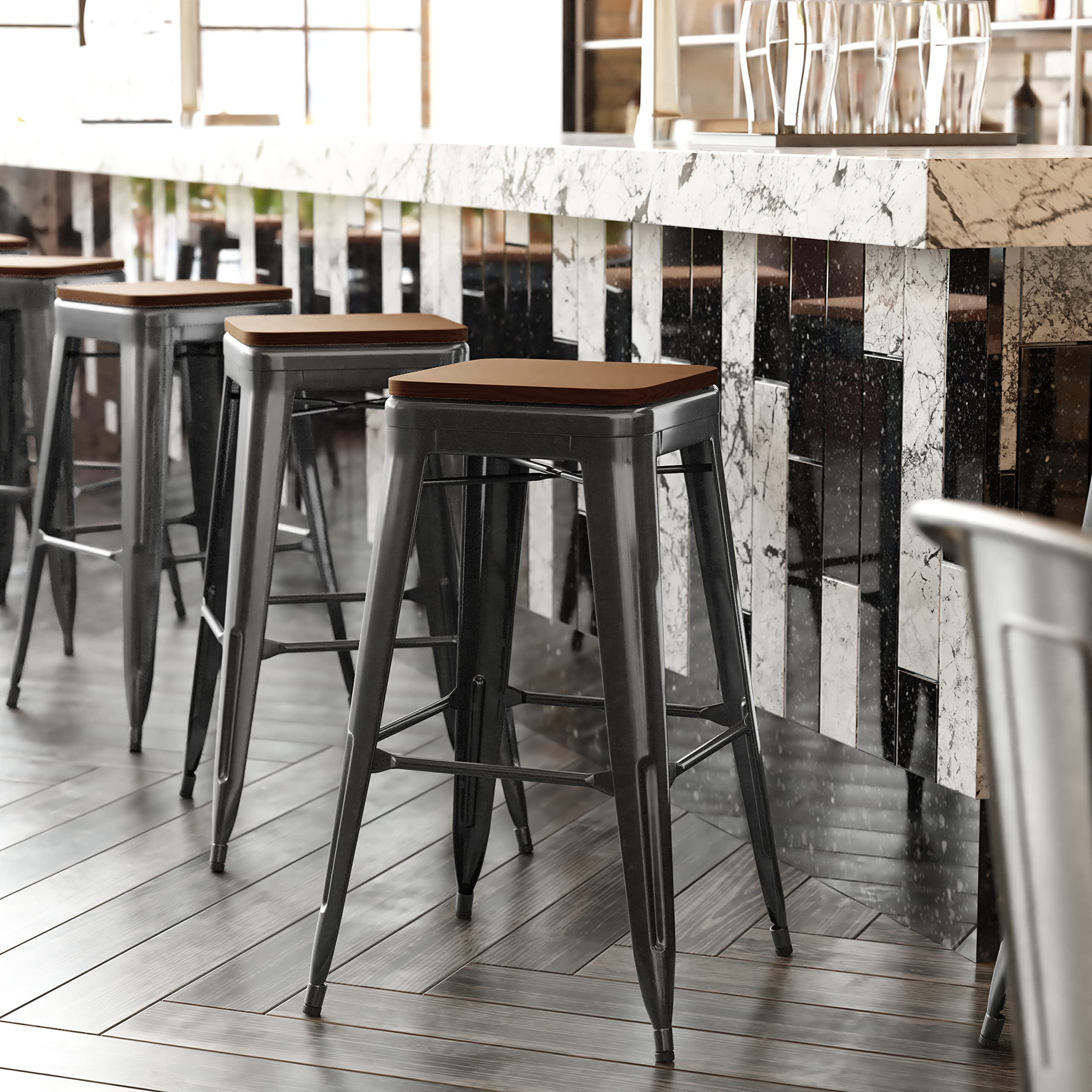 EMMA + OLIVER Kam 30" High Backless Bar Stool - Black Metal Frame - Teak Polyresin Seat - for Indoor/Outdoor Use