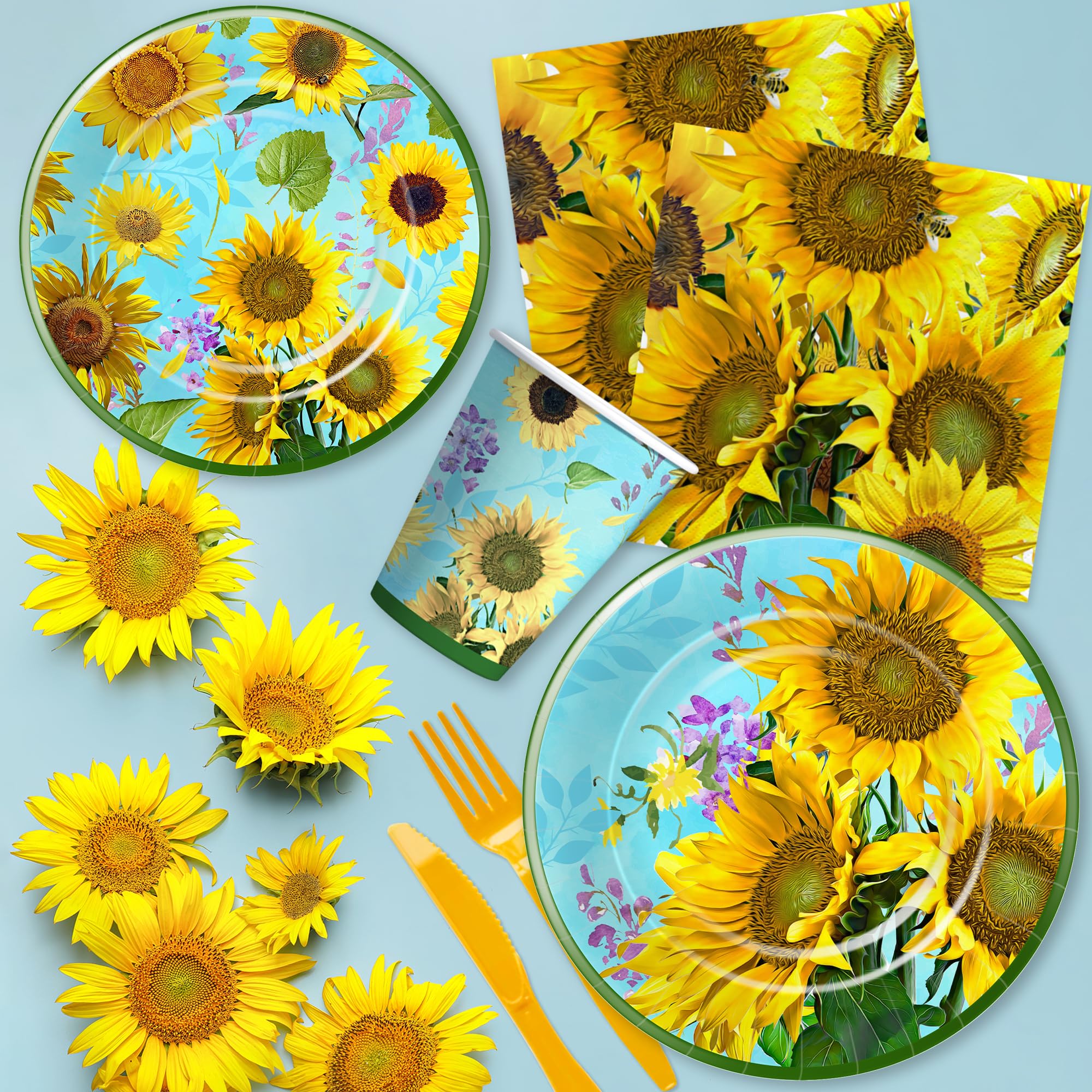 Xigejob Sunflower Party Decorations Tableware - Sunflower Birthday Decorations, Plate, Cup, Napkin, Tablecloth, Cutlery, Sunflower Theme Baby Shower Bridal Shower Birthday Party Supplies | Serve 24