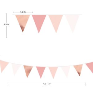 32Ft Rose Gold Party Decorations Dusty Blush Pink Pennant Banner Fabric Triangle Flag Bunting Garland Streamers for Wedding Birthday Anniversary Baby Bridal Shower Home Outdoor Garden Decorations