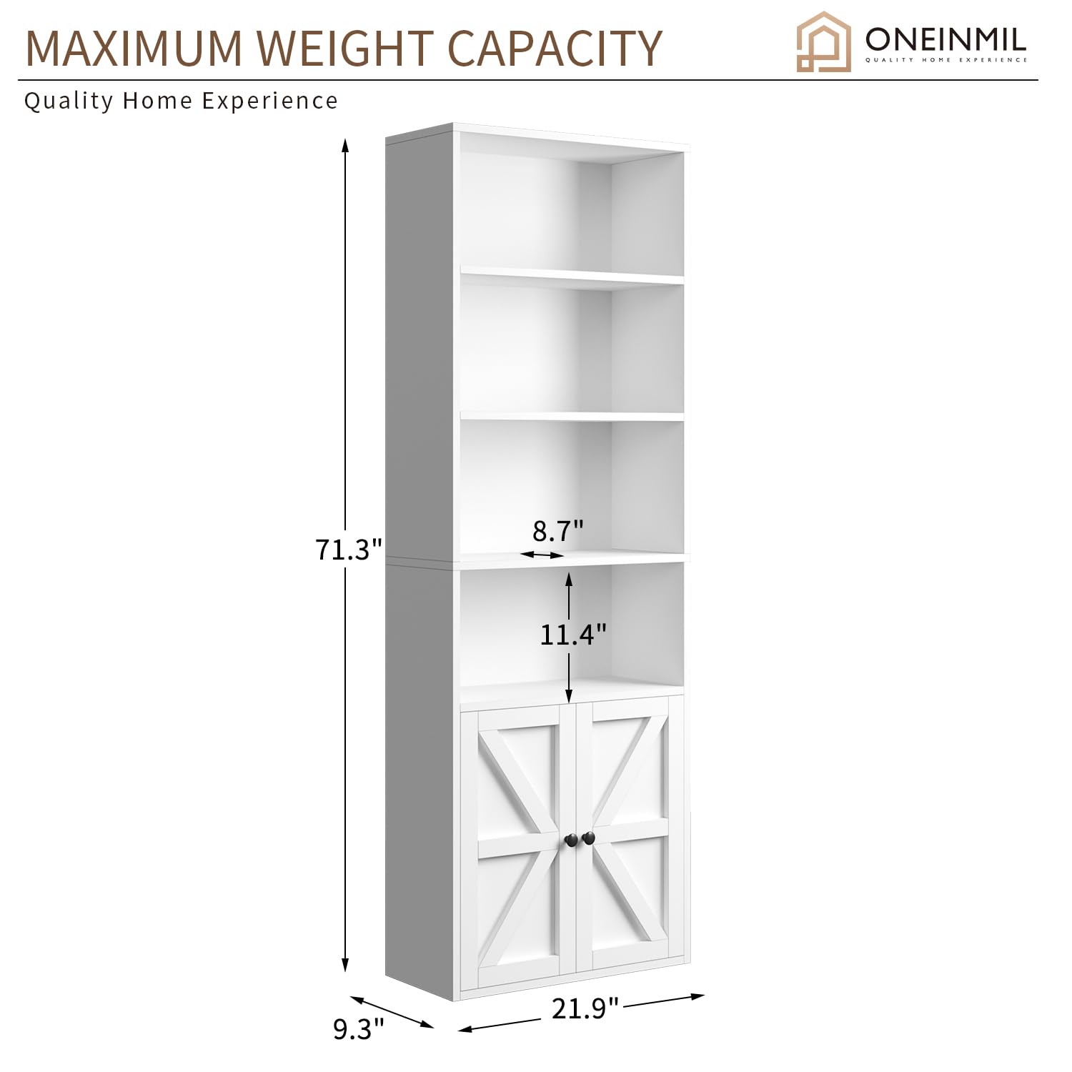 oneinmil 6-Tier Bookshelf and Bookcase, Wooden Bookshelves with Cabinet Doors, Floor Bookshelves and Office Storage Cabinets for Home Office, Living Room (White, 1 Pack)