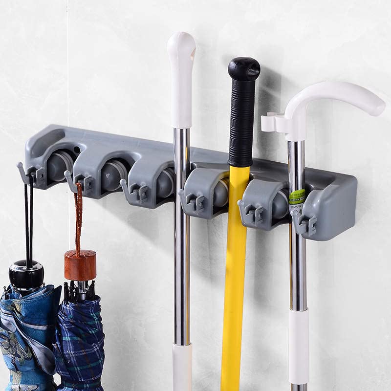 Mop and Broom Holder, Wall Mounted Organizer, Garage Storage Rack & Garden Tool Organizer, 5 Slots with 6 Hooks Kitchen, Garage and Laundry