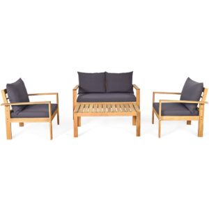 COSTWAY 4 Pieces Outdoor Acacia Wood Sofa Set, Outdoor Conversation Sofa Set with Table & Cushions Porch Chairs for Garden, Patio, Deck